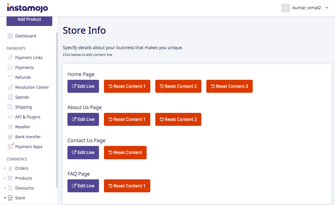 Edit Store Page Information – Instamojo
